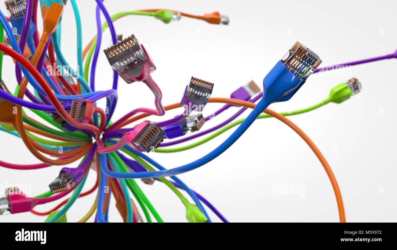 swarming internet cables. conceptual 3d illustration of ethernet cable ...