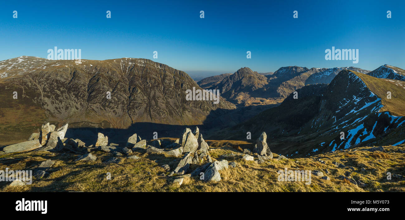 Panorama of the Ogwen Valley from Mynydd Perfedd showing Pen Yr Ole wen ...
