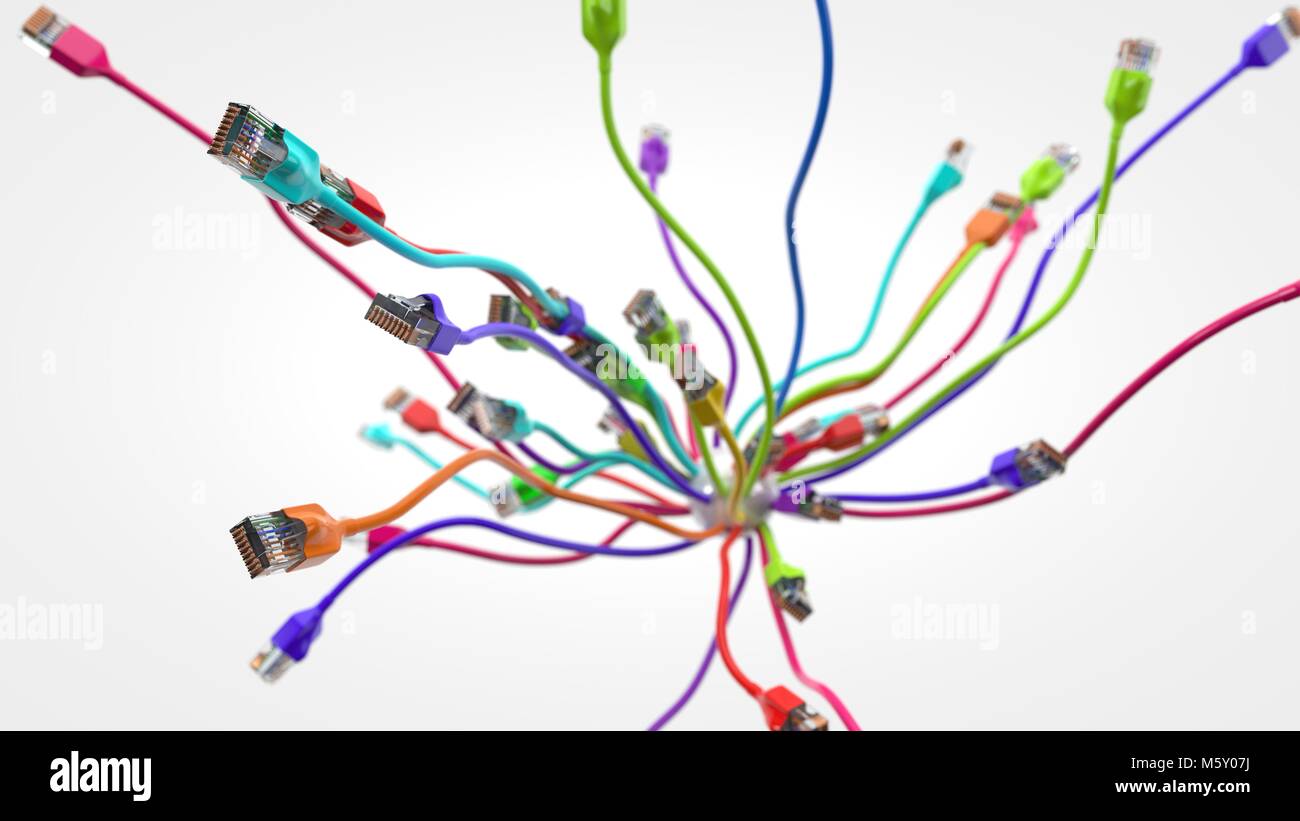 swarming internet cables. conceptual 3d illustration of ethernet cable ...