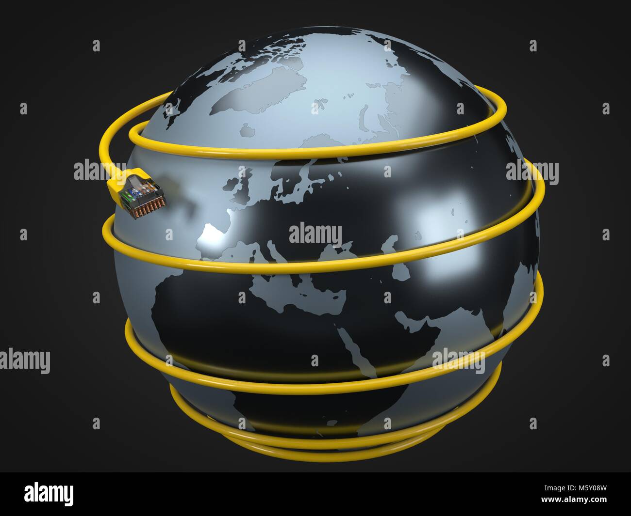 yellow internet cable around earth. conceptual 3d illustration of ...