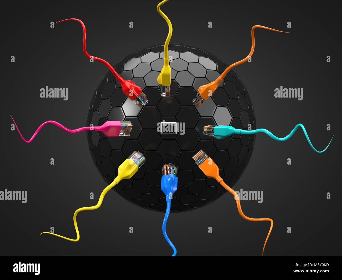internet cables and tech hub. conceptual 3d illustration of ethernet ...
