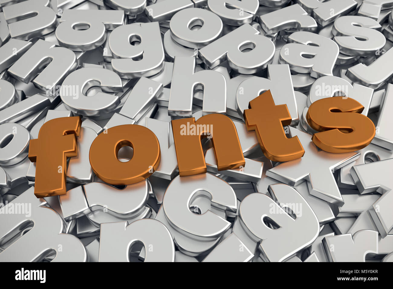 3D rendering of Fonts word in metallic copper color on pile of gray ...