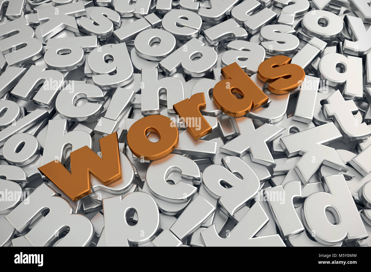 3D rendering of WORDS word in metallic copper color on pile of gray ...