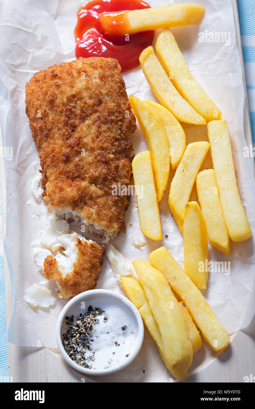 Breaded cod with chips. Fish and chips Stock Photo - Alamy