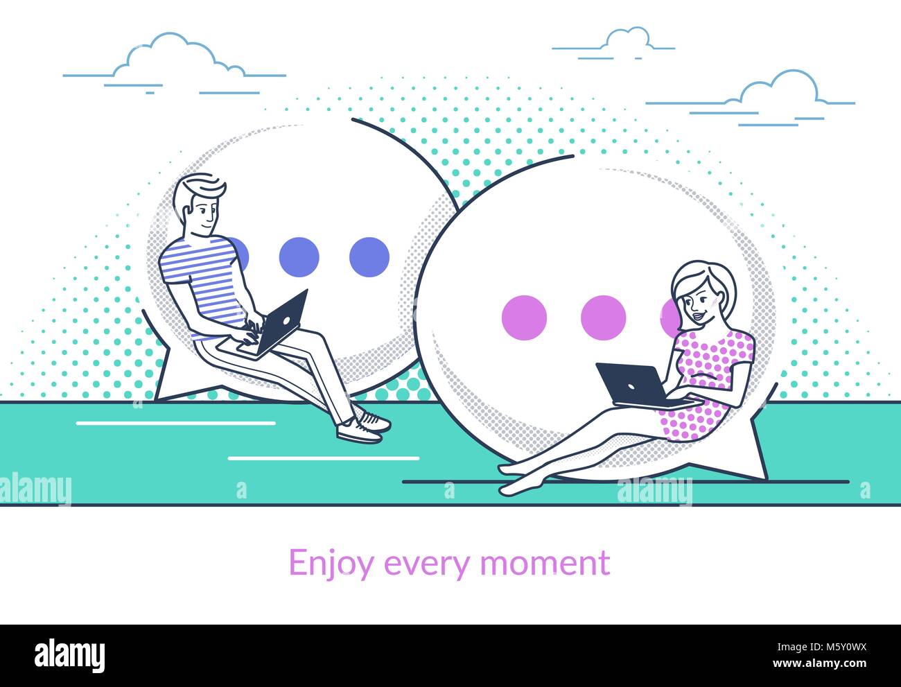 Chat talk concept illustration of young people using laptops for ...