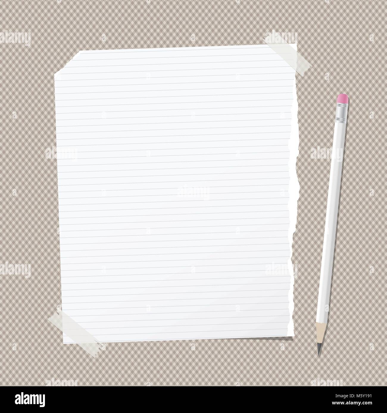 Torn white lined note, notebook paper sheet for text stuck with sticky ... Torn white lined note, notebook paper sheet for text stuck with sticky ...