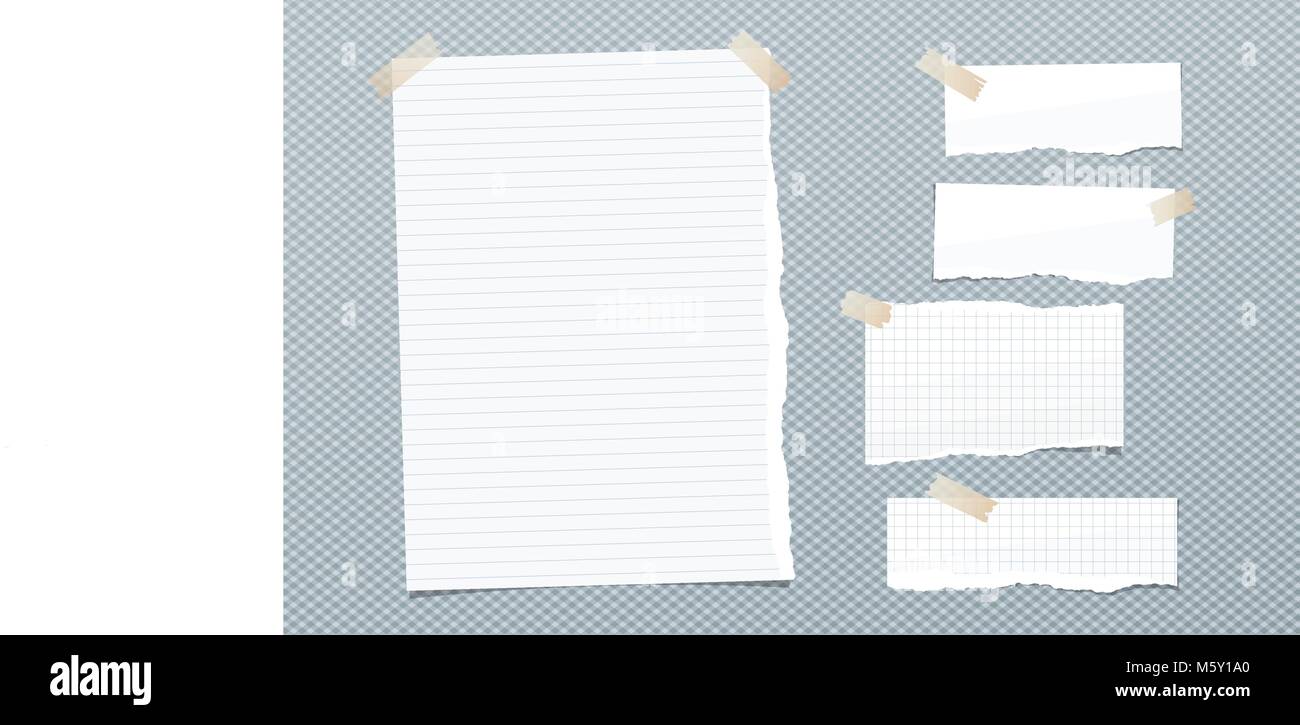 Pieces of torn white lined and squared note, notebook paper sheet for ...