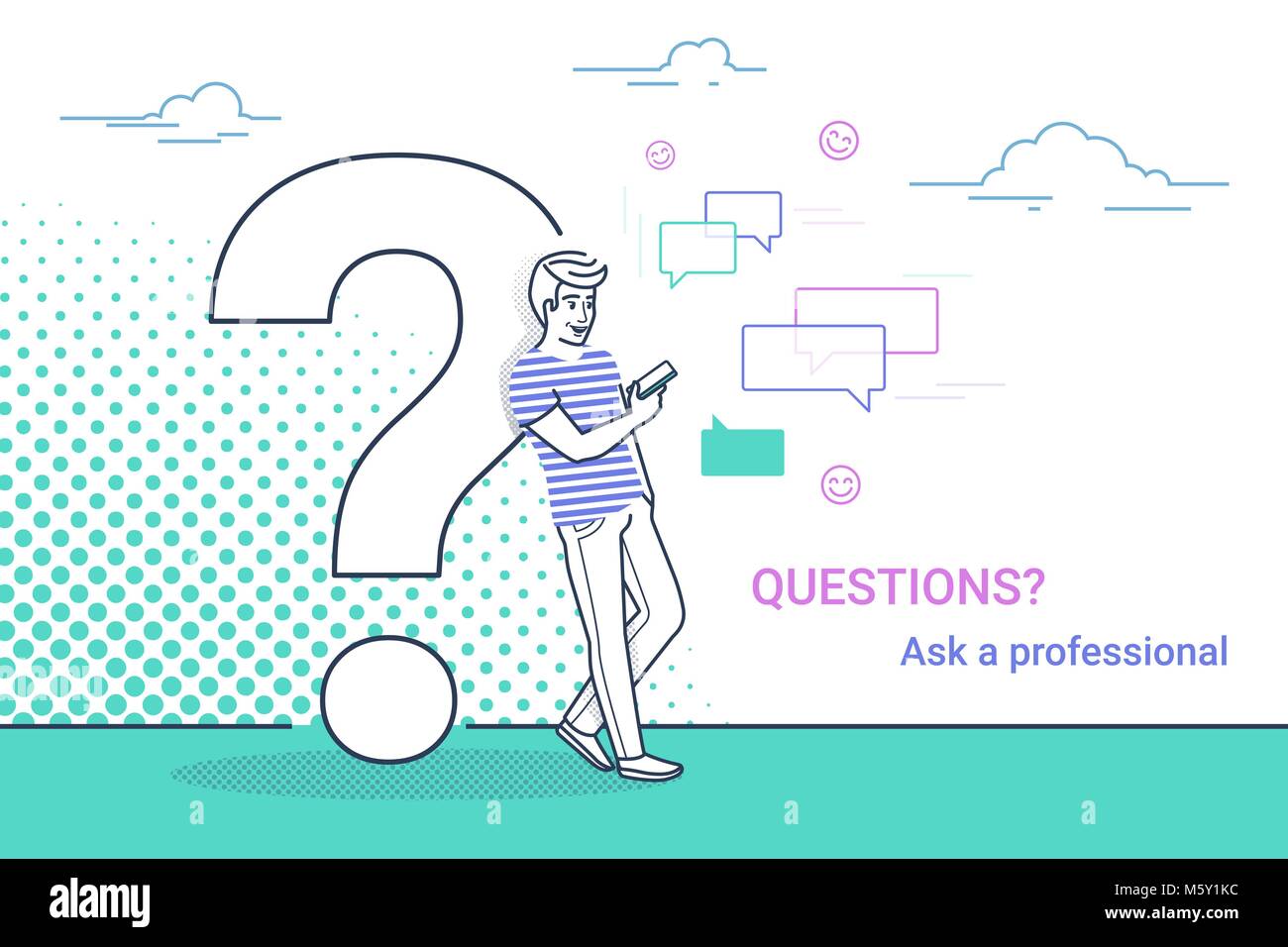 Young man standing near big question symbol and using smartphone for ...