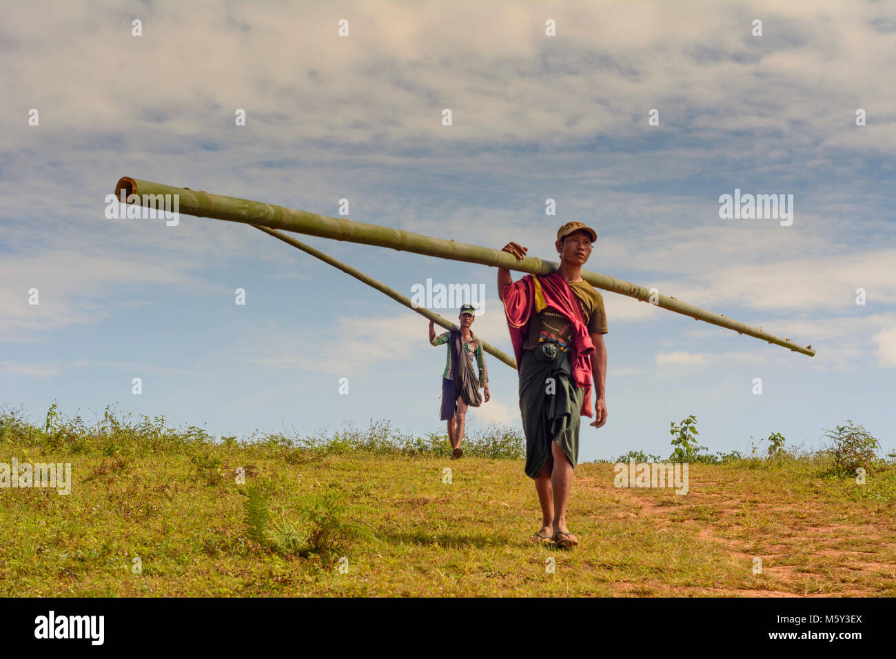 Kalaw: man farmer carry bamboo pole, , Shan State, Myanmar (Burma Stock ...