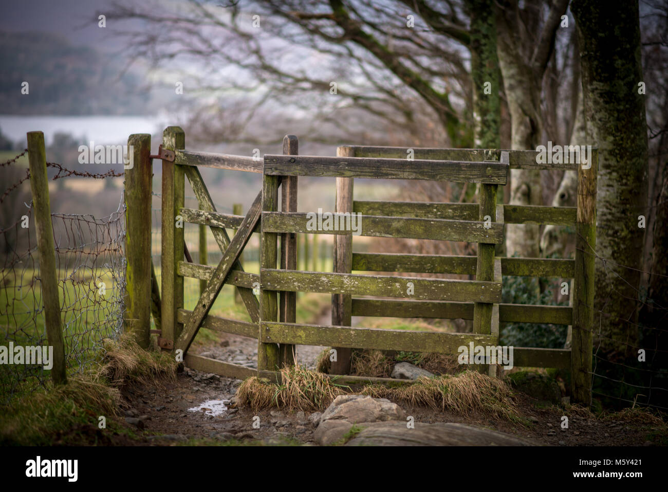 An old kissing gate through a fence on a path above Keswick in Cumbria ...