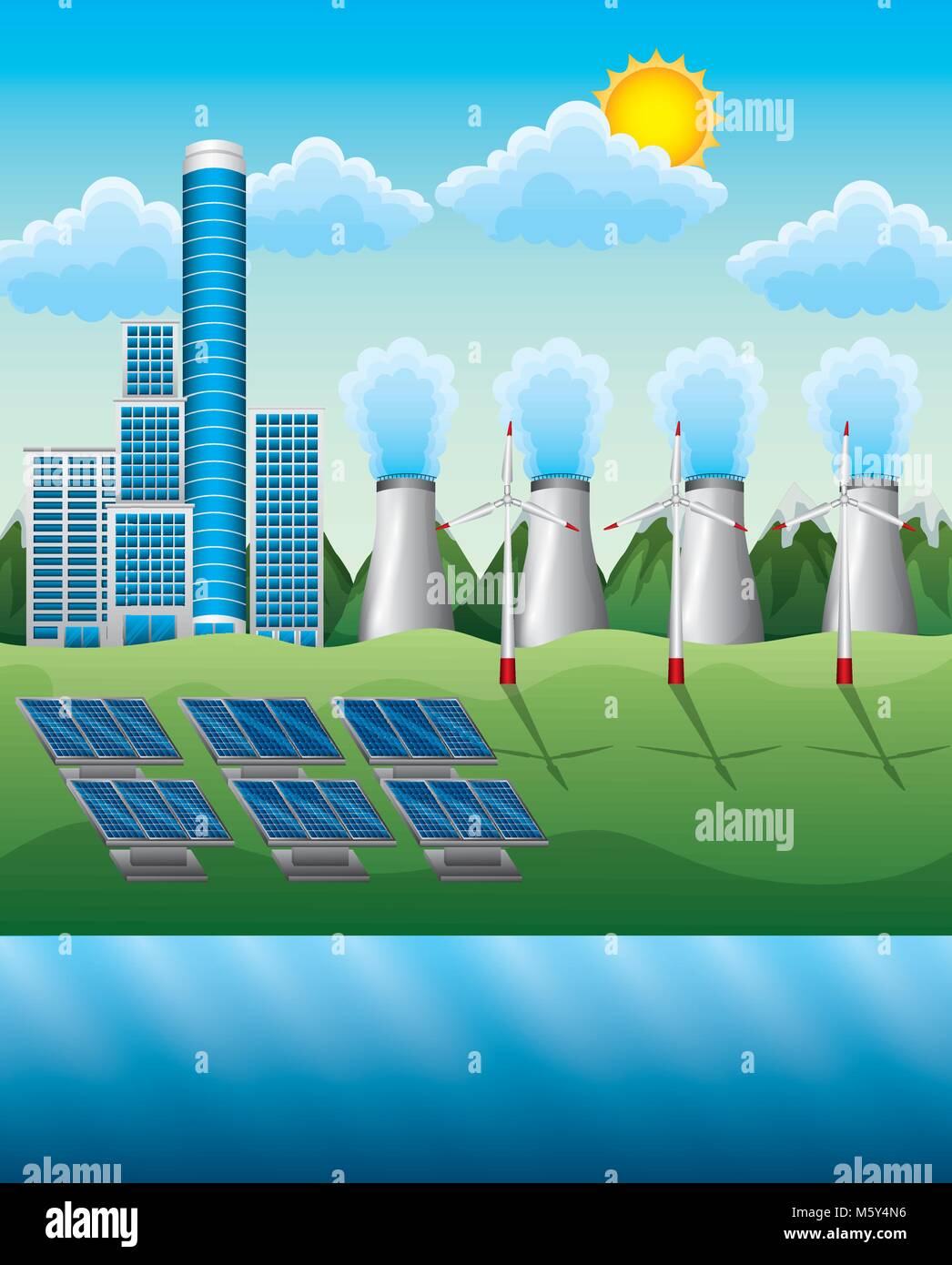 electricity generation composition with power plant electrical pylons ...