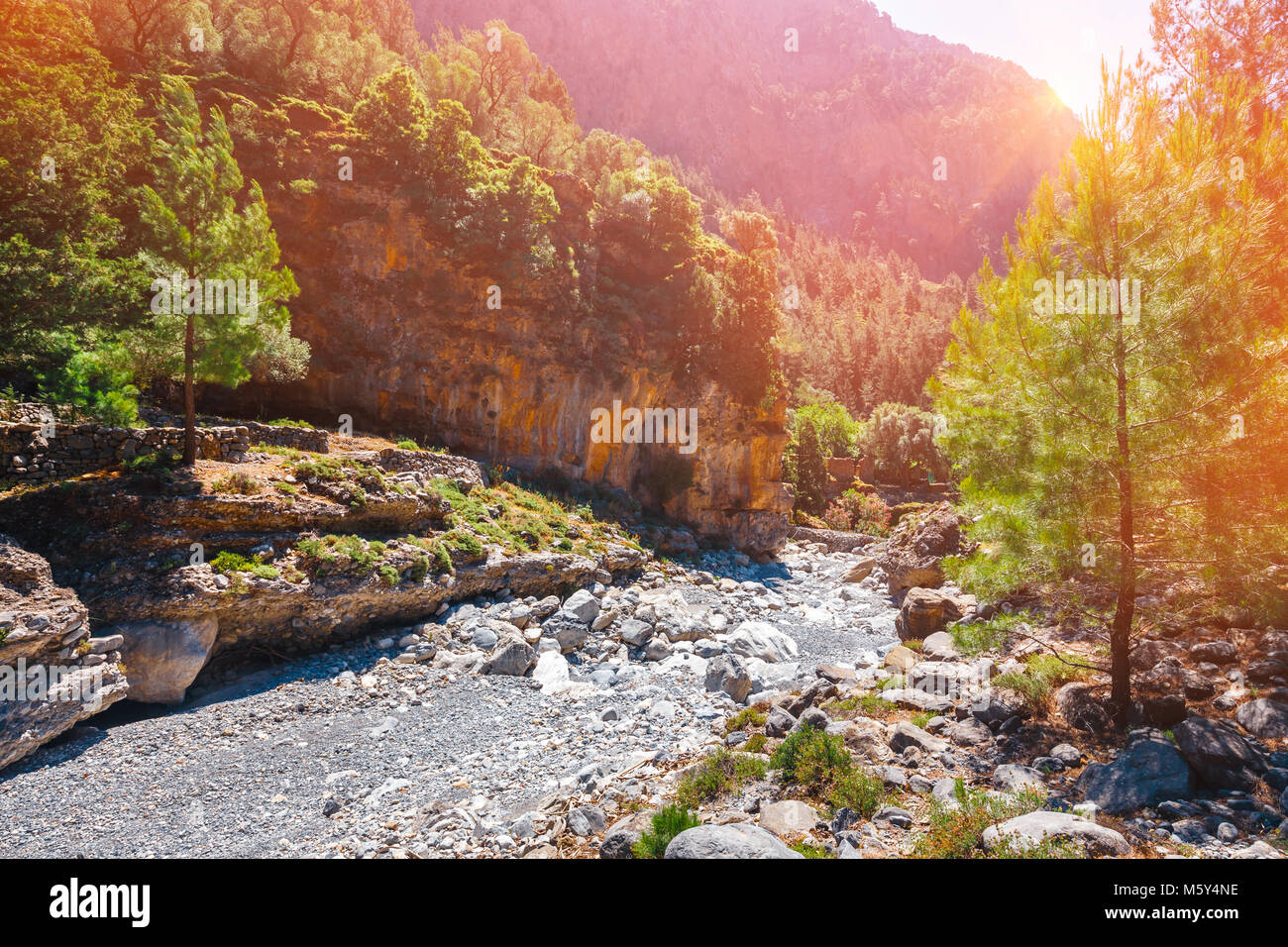 Narrow canyon trail located in Samaria Gorge in Central Crete Stock ...