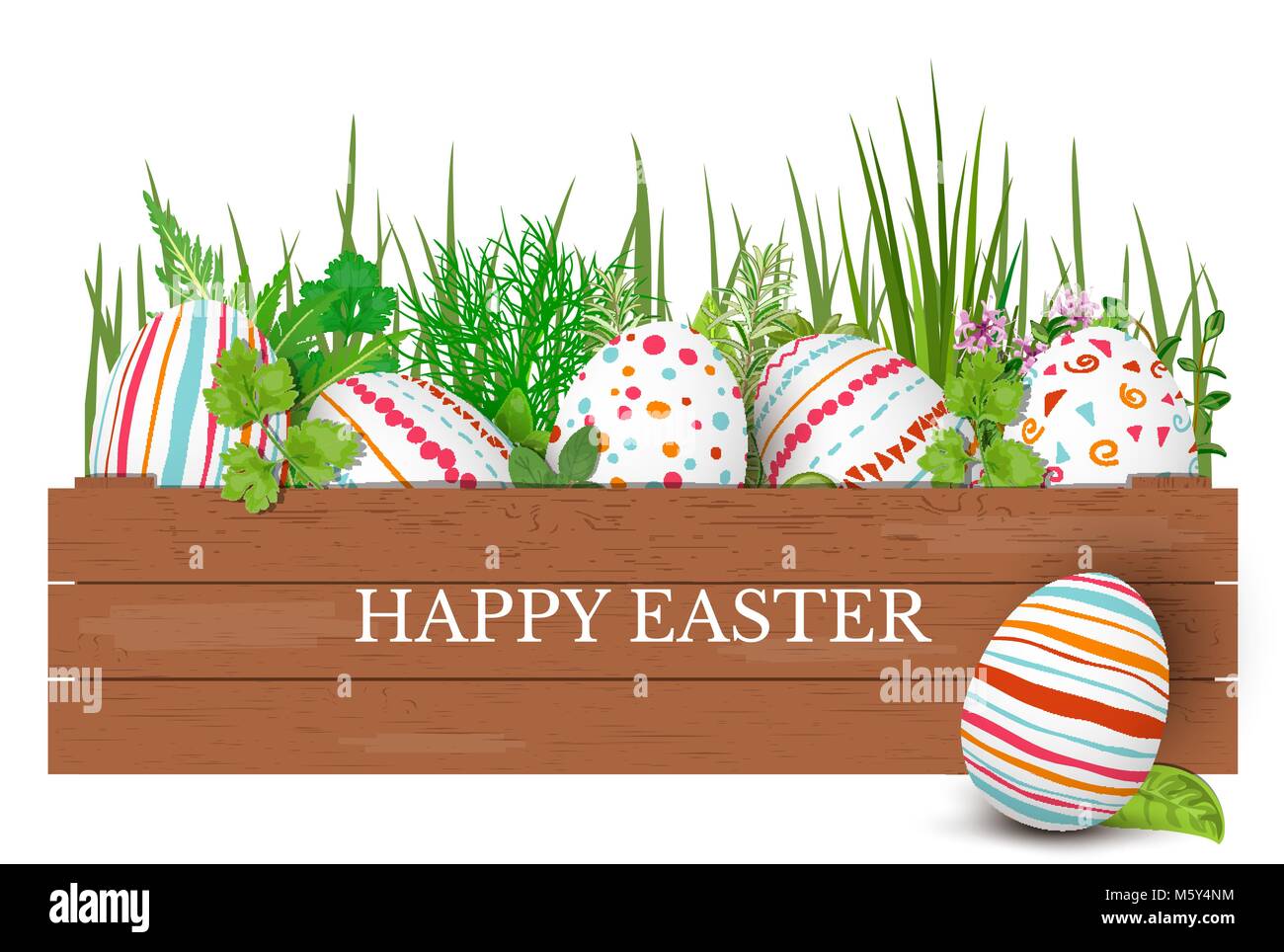 Happy Easter. Easter colorful eggs in row in brown wooden crate with ...