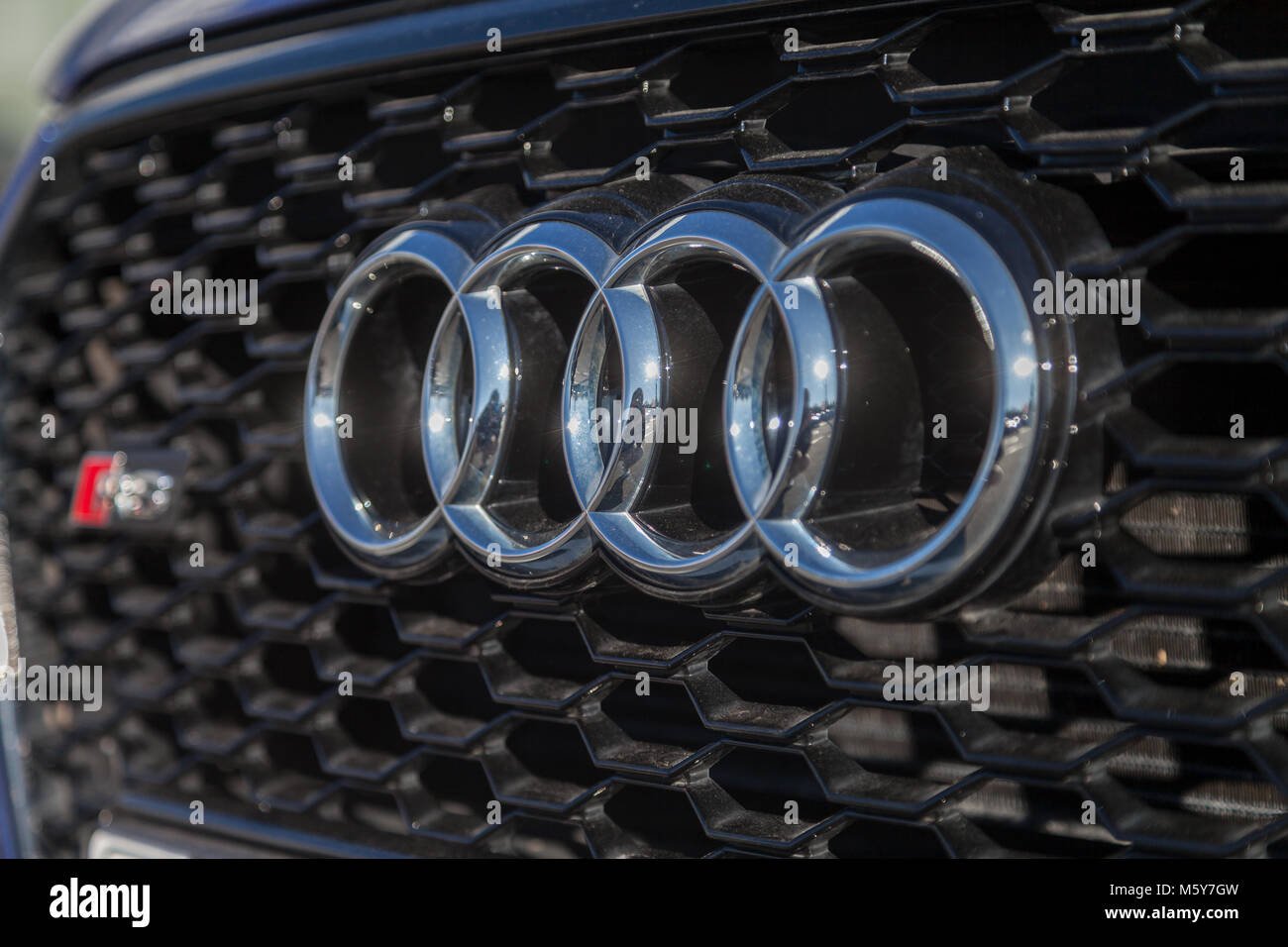 FUERTH / GERMANY - FEBRUARY 25, 2018: Audi emblem on an audi car. Audi ...