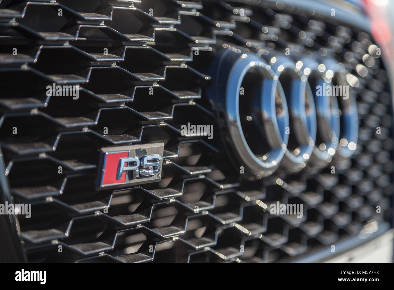 FUERTH / GERMANY - FEBRUARY 25, 2018: Audi emblem on an audi car. Audi ...