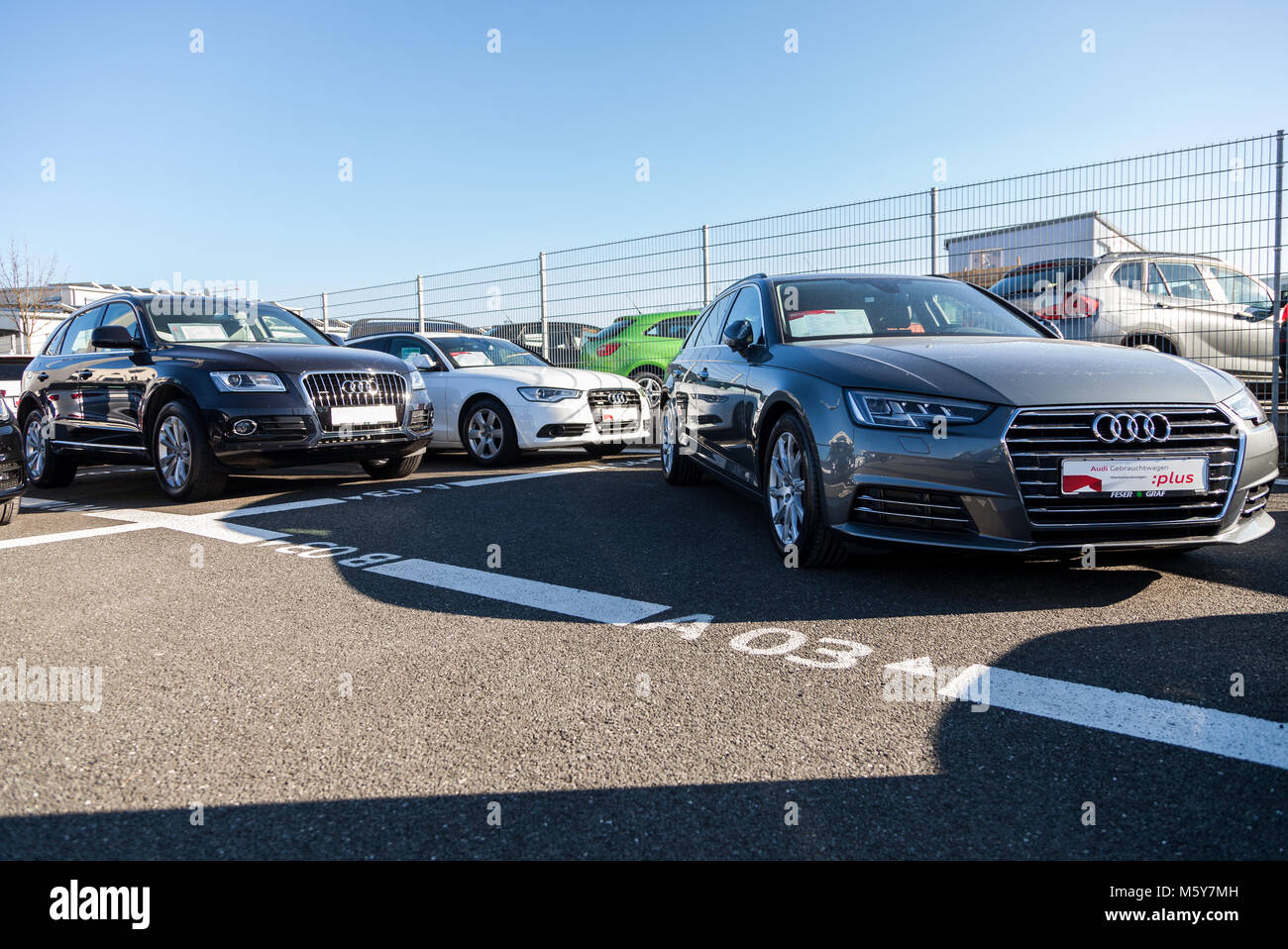 FUERTH / GERMANY - FEBRUARY 25, 2018: Audi emblem on an audi car. Audi ...