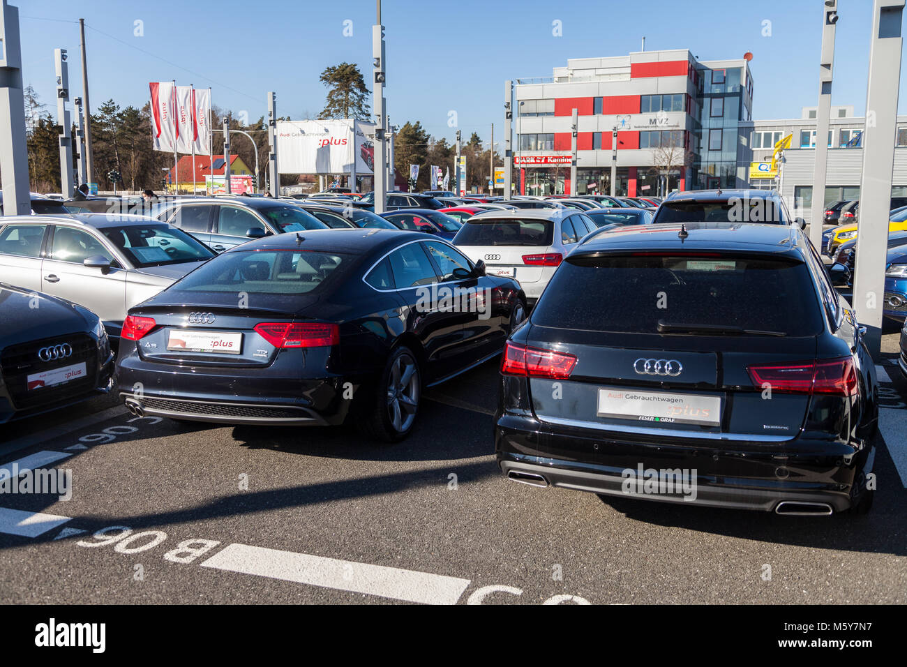 FUERTH / GERMANY - FEBRUARY 25, 2018: Audi emblem on an audi car. Audi ...