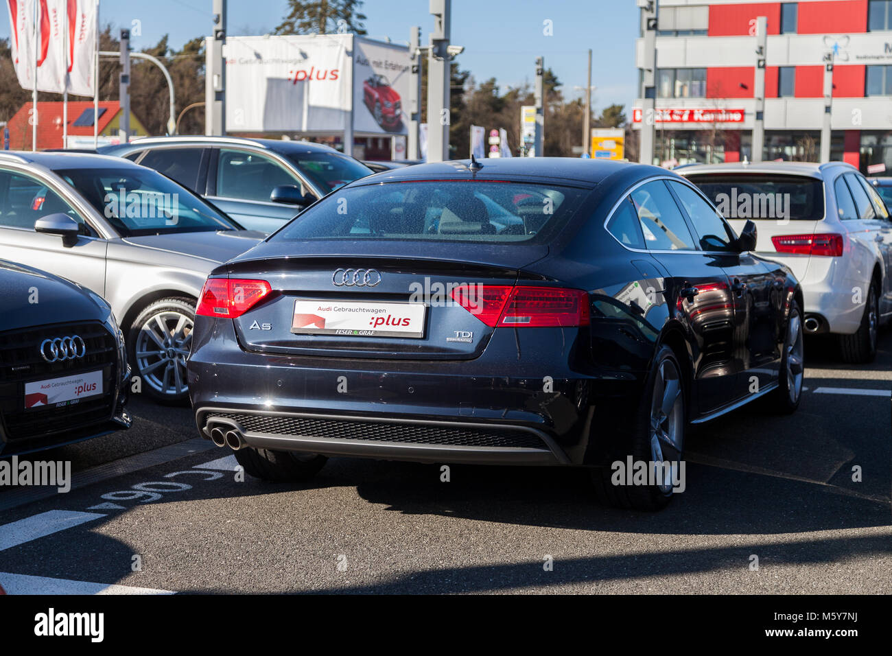 FUERTH / GERMANY - FEBRUARY 25, 2018: Audi emblem on an audi car. Audi ...