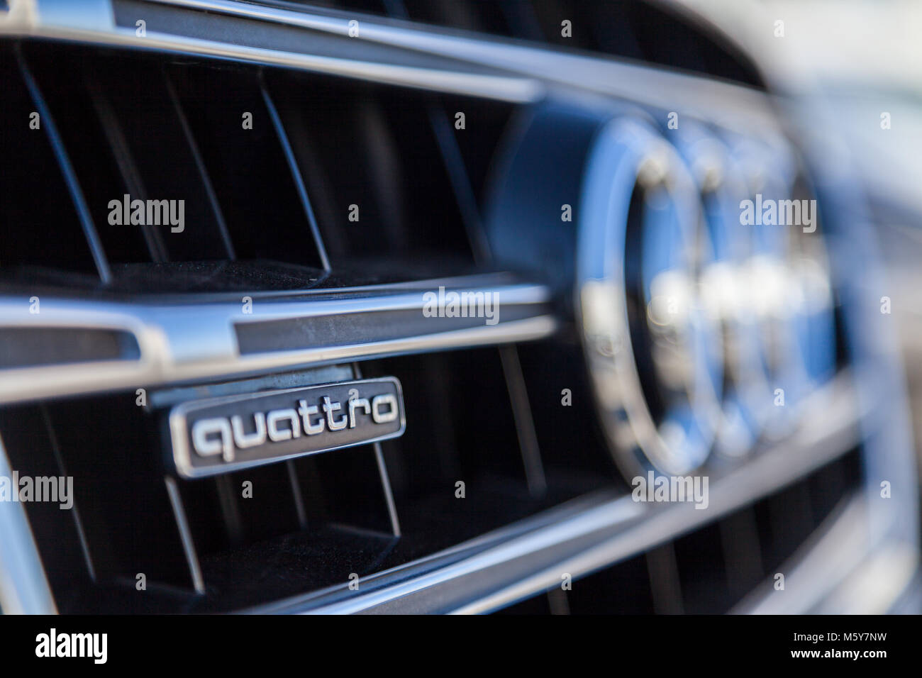 FUERTH / GERMANY - FEBRUARY 25, 2018: Audi emblem on an audi car. Audi ...