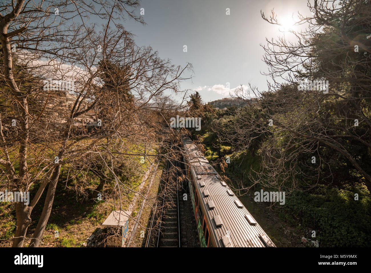 Typical Subway Train of city of Athens under Parthenon Acropolis ...