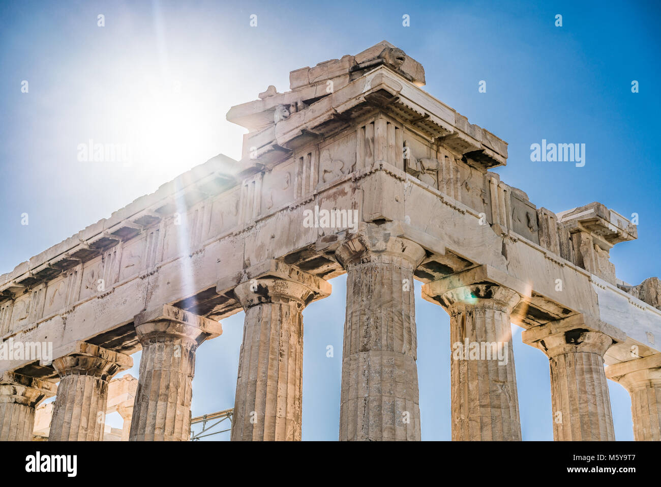 Sun over Parthenon Acropolis of Athens Archaeological Place, with natural flares Stock Photo - Alamy