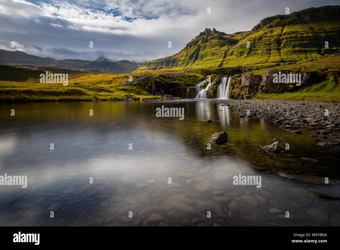 A long exposure of the waterfall and pond at Kirkjufellsfoss Falls with ...