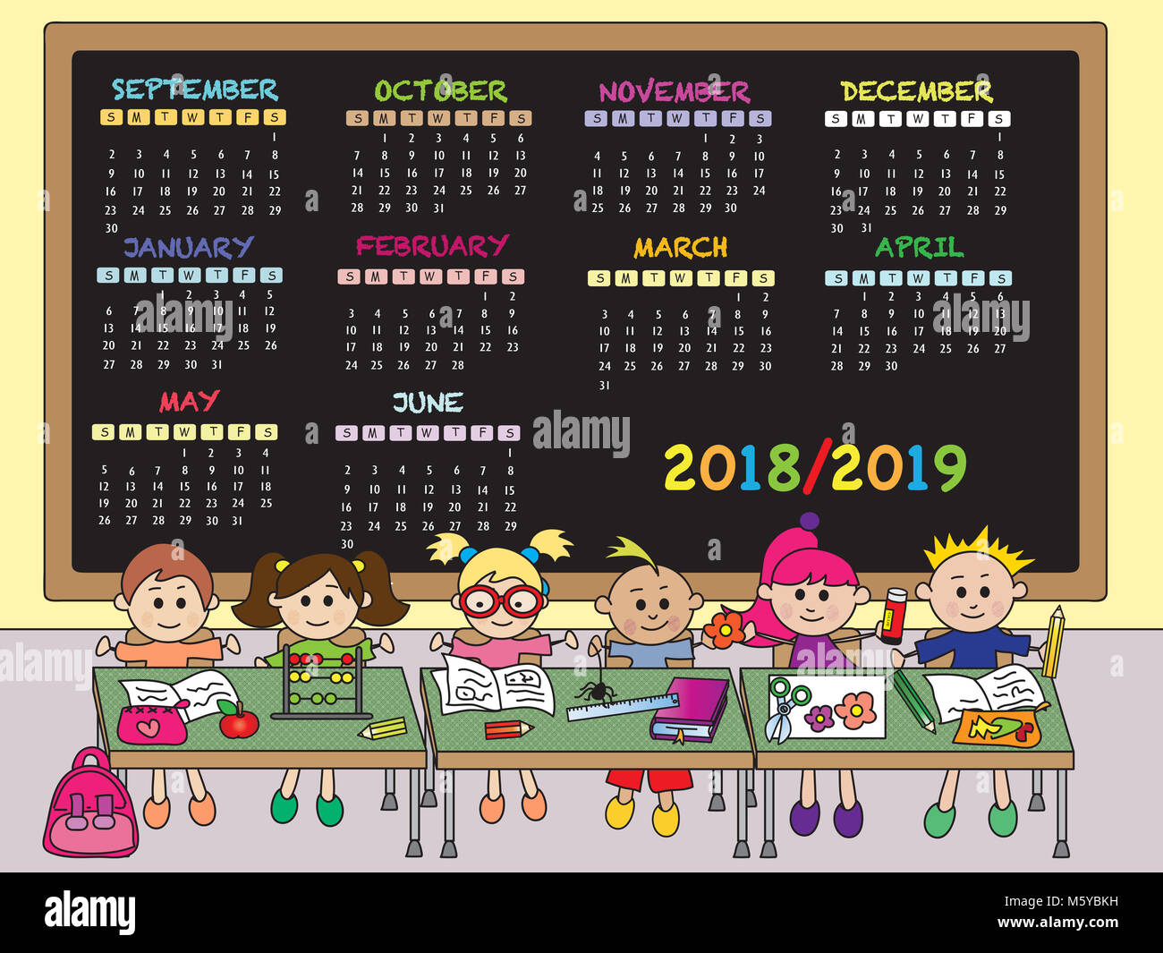 Calendar school 2018/2019 with happy children Stock Photo - Alamy