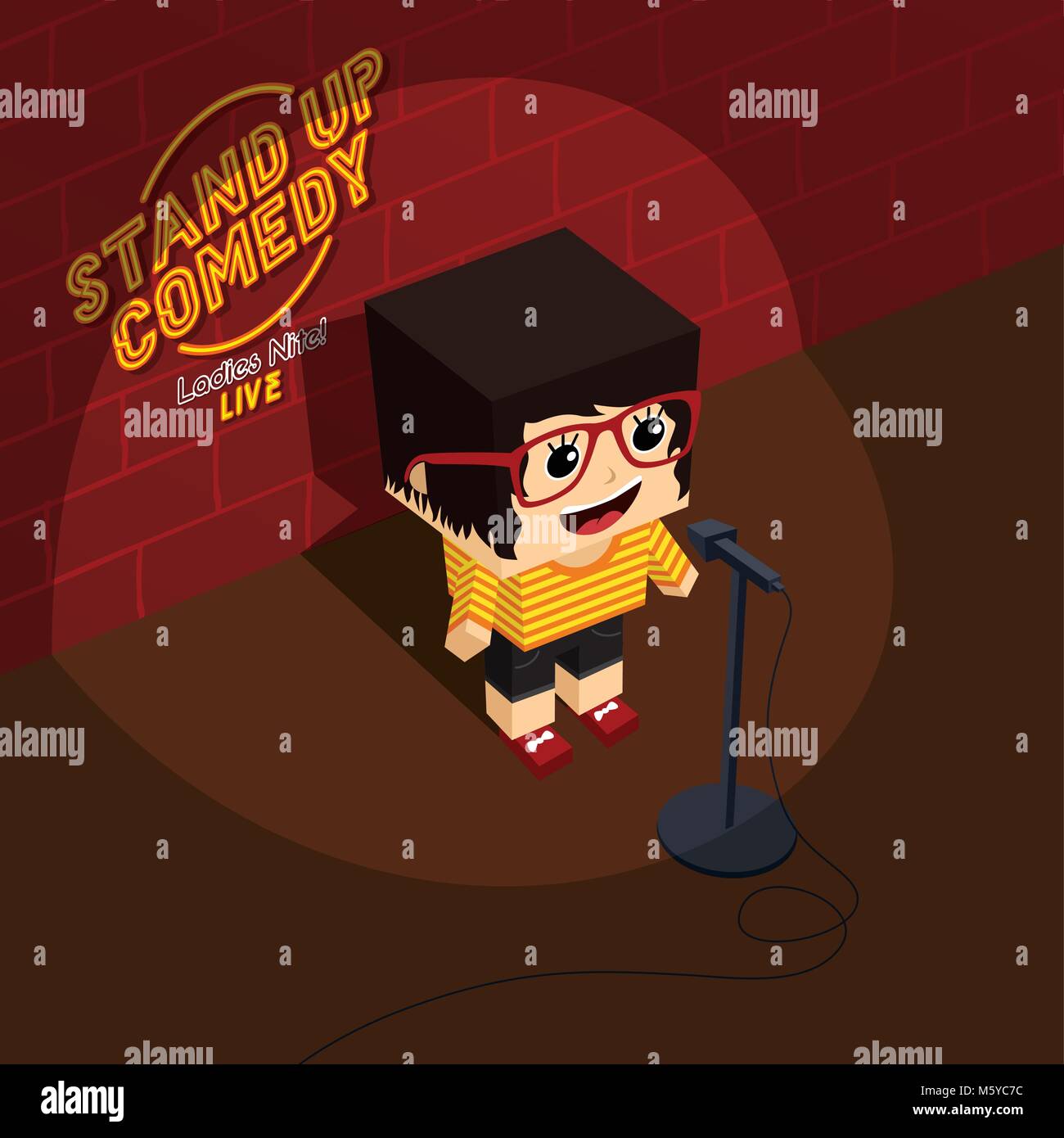 stand up comedy open mic female comic onstage isometric vector art ...