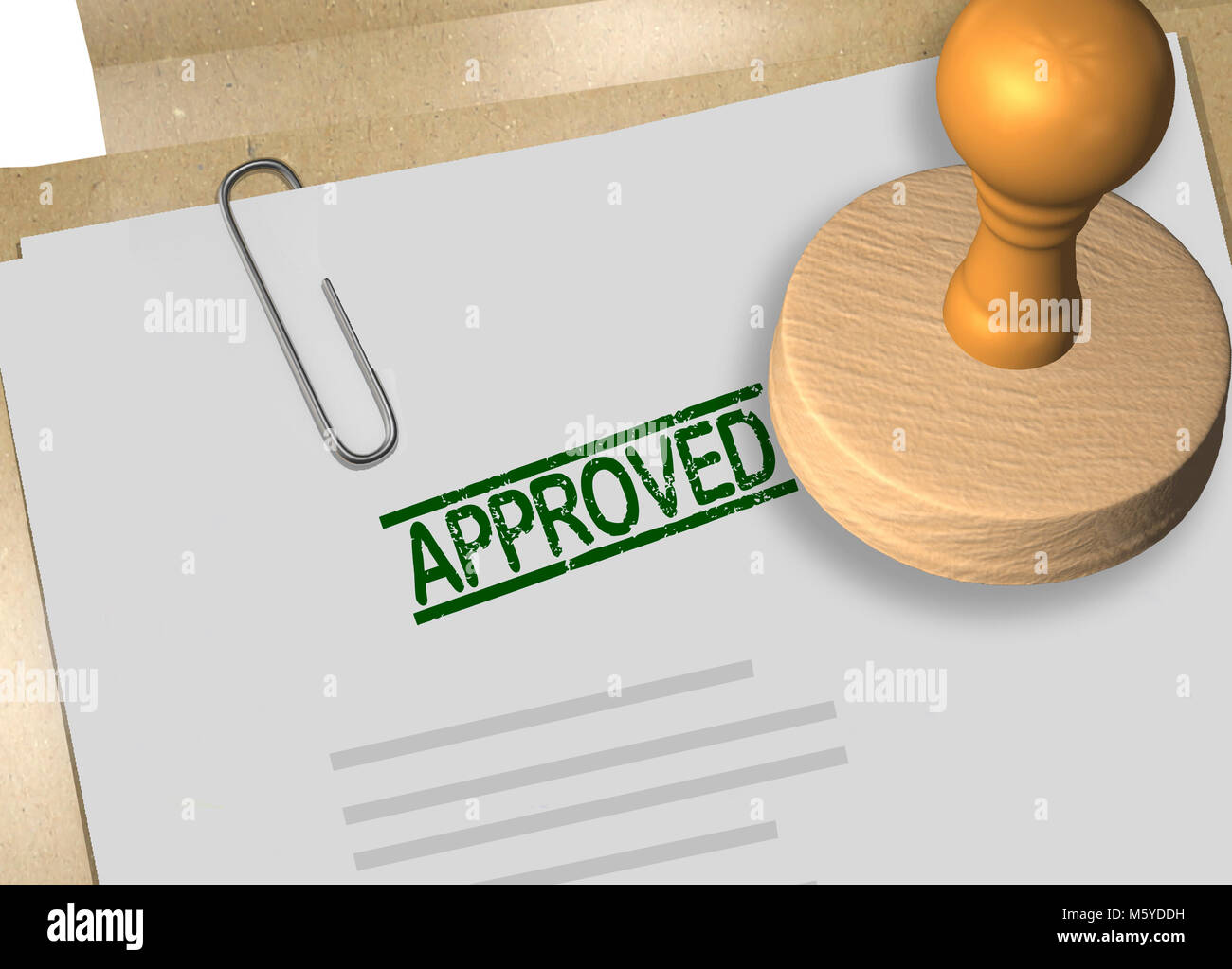 3D illustration of APPROVED stamp title on business document or ...