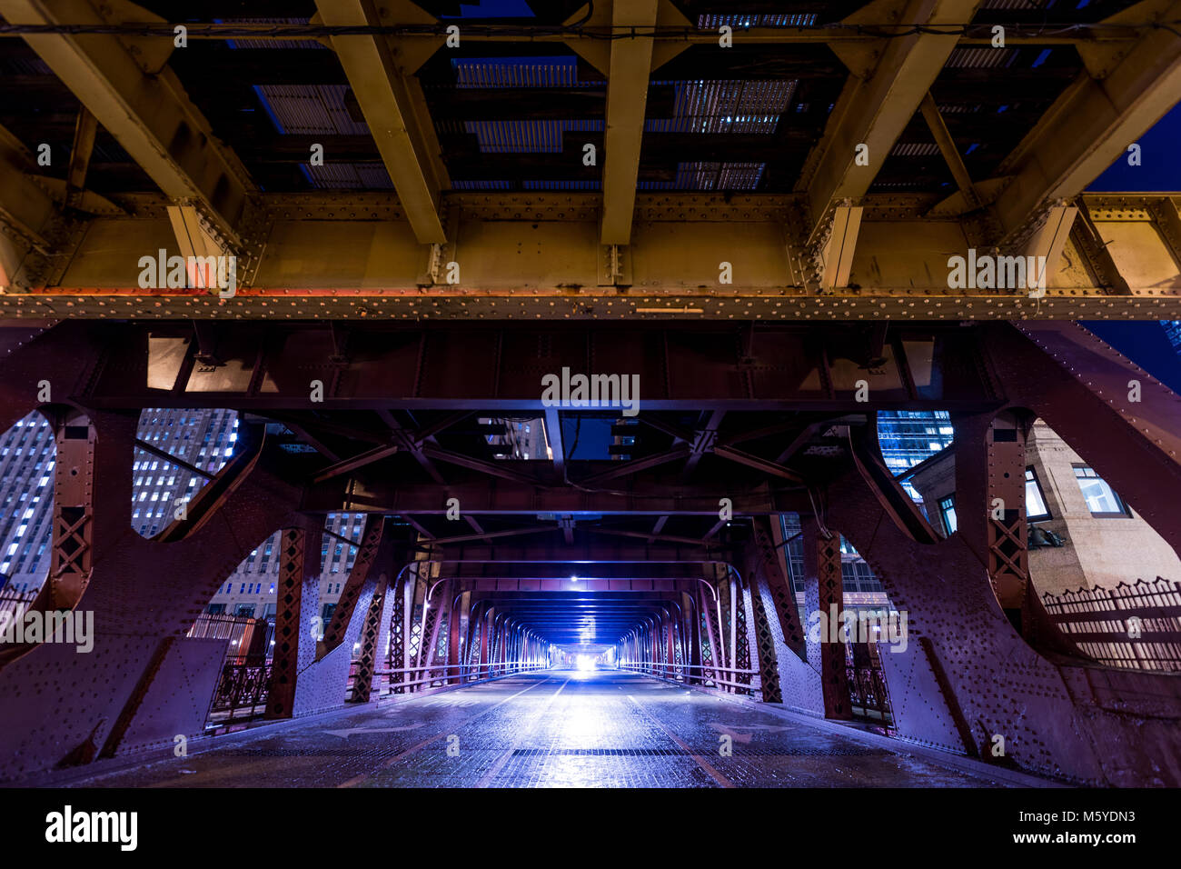 Chicago downtown railroad bridge across the river at night Stock Photo ...
