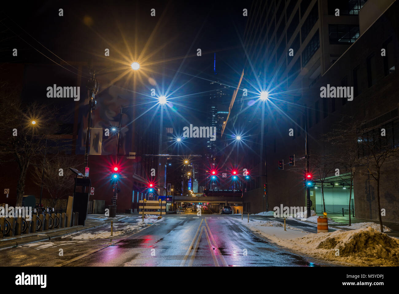 Chicago downtown city street view at night with traffic lights Stock ...