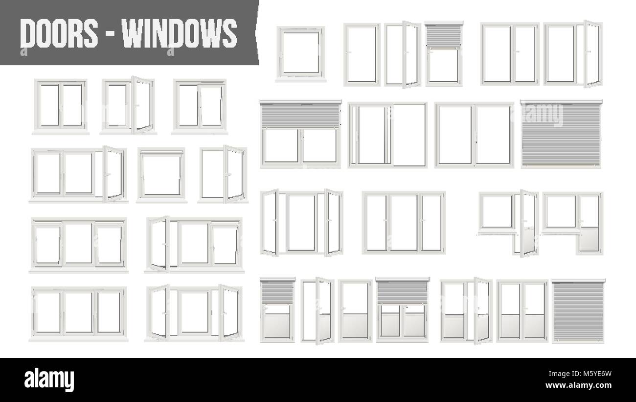 Plastic PVC Windows Doors Set Vector. Different Types. Roller Blind ...