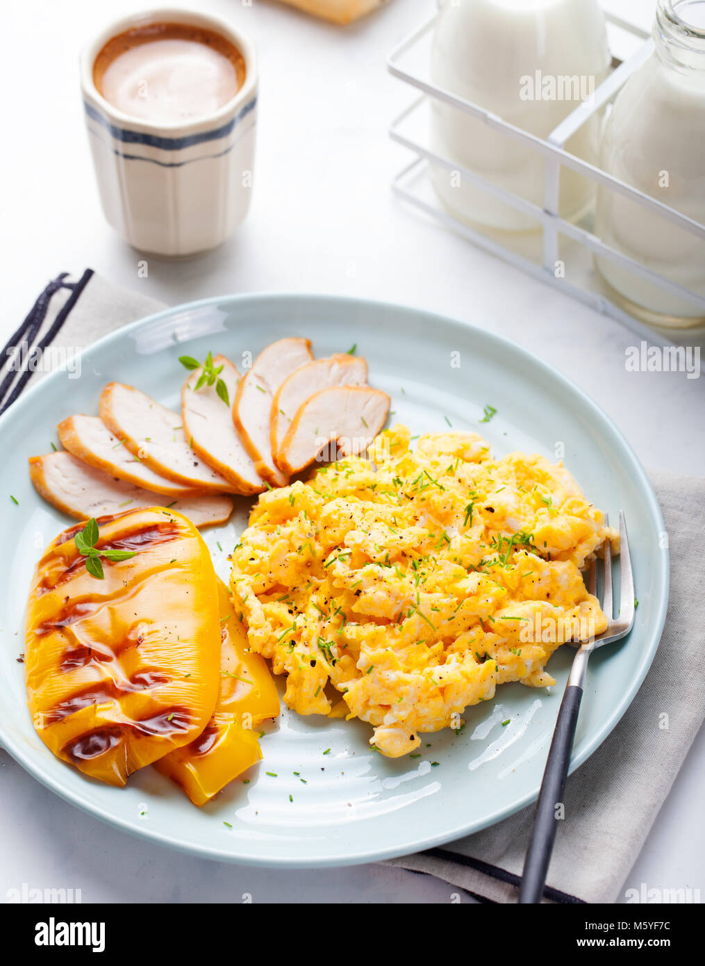Eggs Scrambled, omelet with grilled bell sweet pepper and hot smocked ...