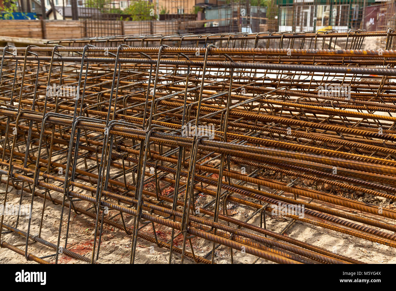Construction workers fabricating steel reinforcement bar at the ...