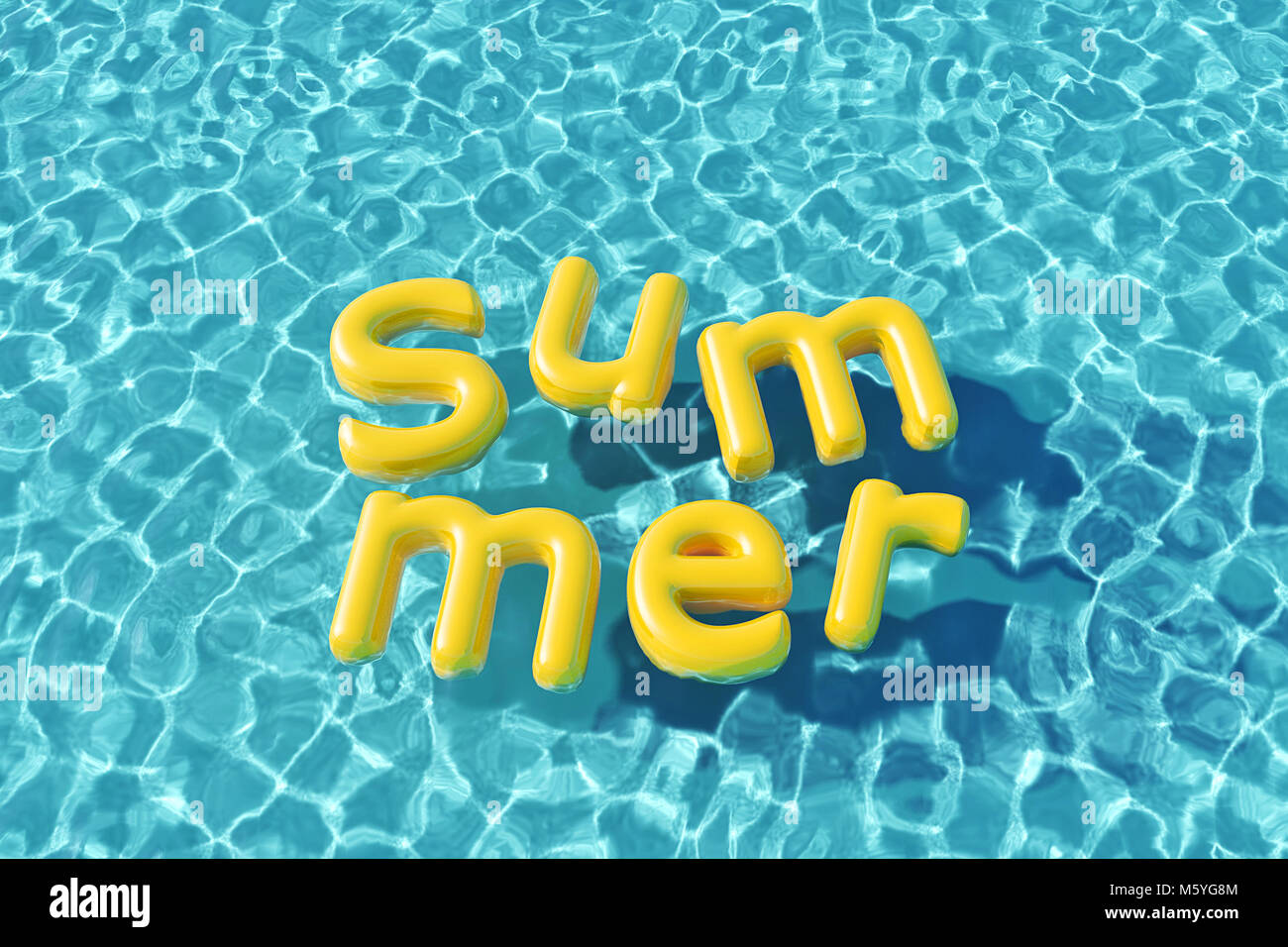 Clear blue swimming pool with summer word floating on the water Stock ...