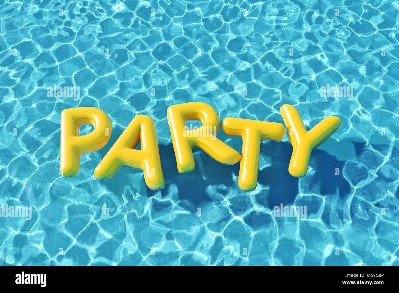 Clear blue swimming pool with party word floating on the water Stock ...