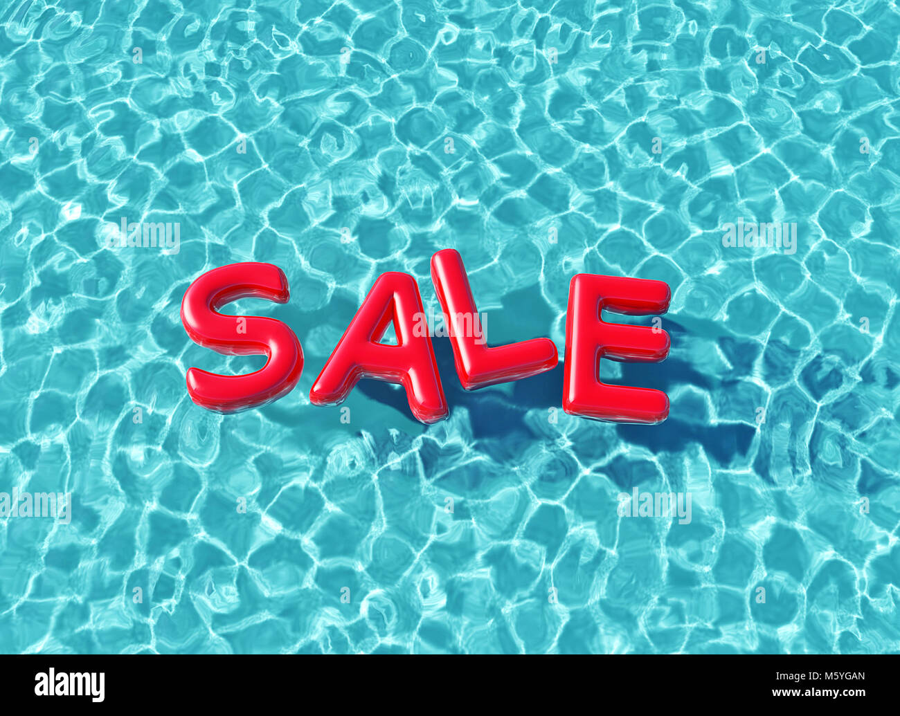 Clear blue swimming pool with sale word floating on the water Stock ...