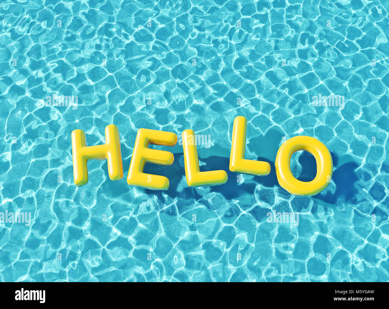 Clear blue swimming pool with hello word floating on the water Stock ...