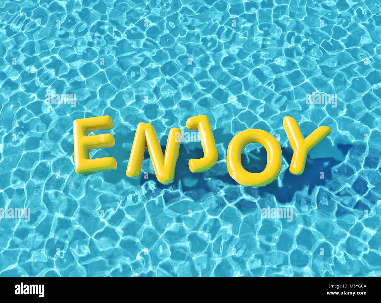 Clear blue swimming pool with enjoy word floating on the water Stock ...