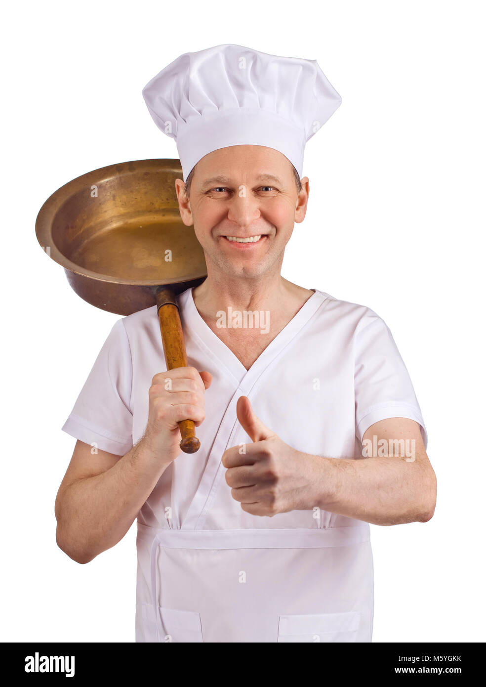 Joyful middle-aged man in the uniform of the chef . Isolated on white ...