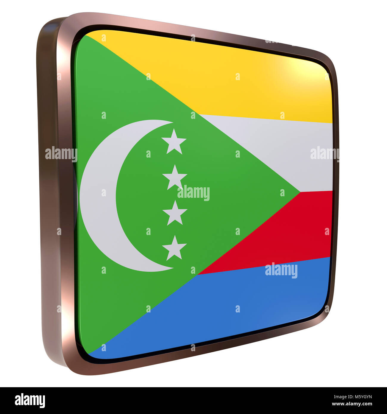3d rendering of an Union of the Comoros flag icon with a metallic frame ...
