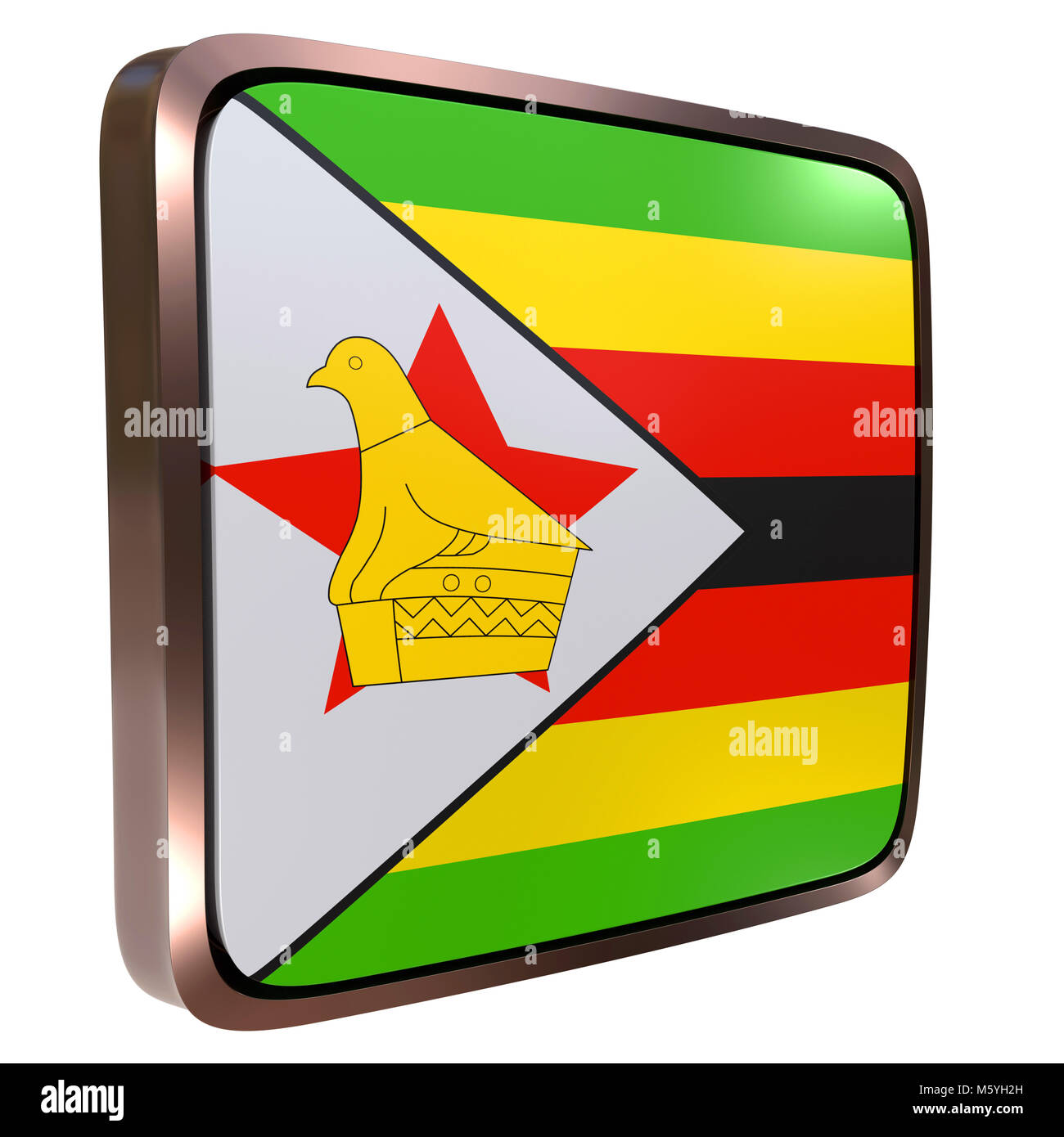 3d rendering of a Republic of Zimbabwe flag icon with a metallic frame ...