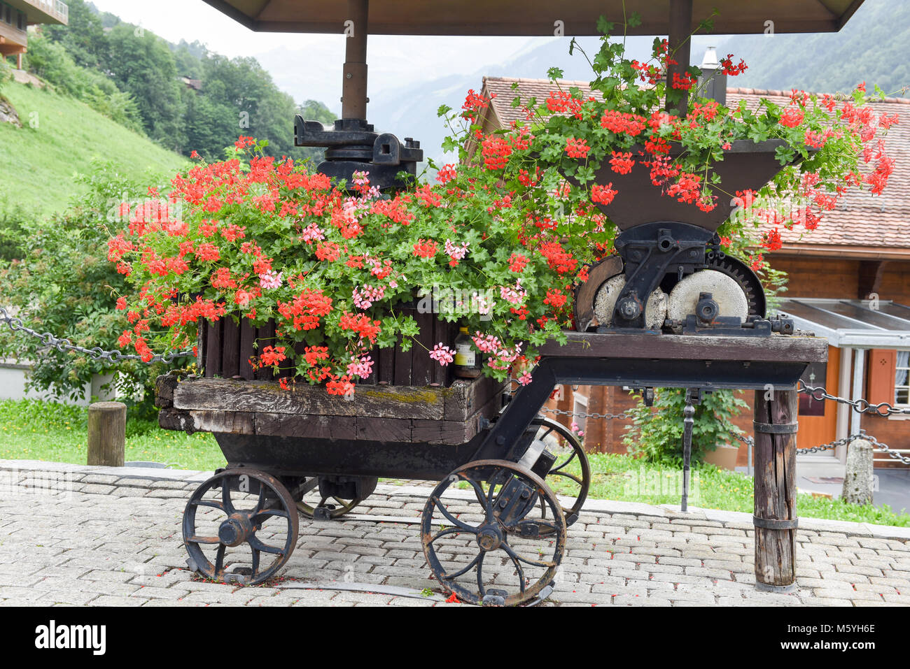 Grist mill grinding wheel for corn with flower decoration Stock Photo ...