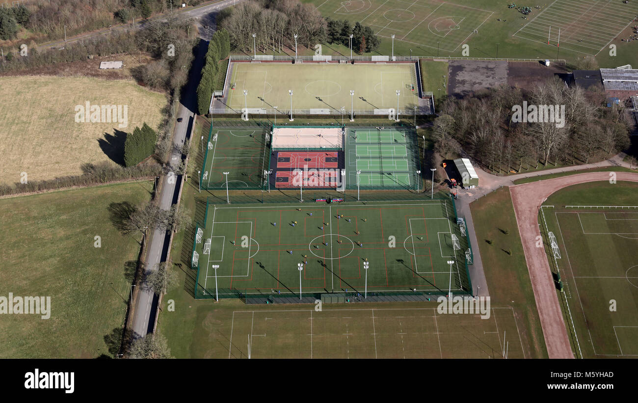 aerial view of outdoor floodlit sports pitches at Keele University ...