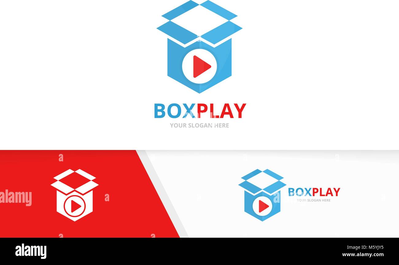 Vector button play and box logo combination. Record and package symbol ...