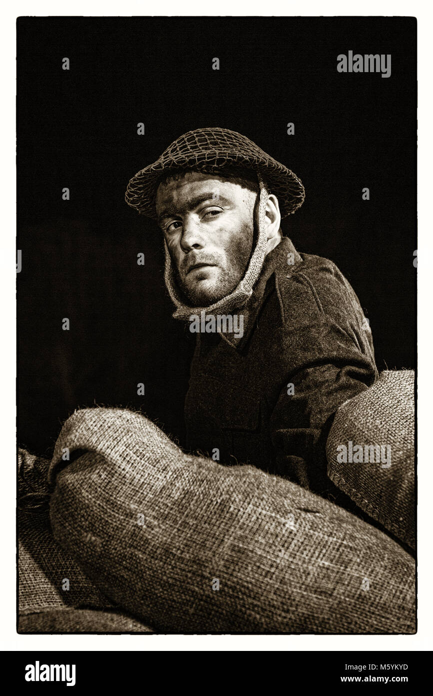 World War Two soldier in authentic battlefield tunic and ww2 helmet in ...