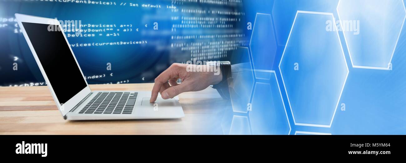 Hand using laptop and coding text with transition Stock Photo - Alamy