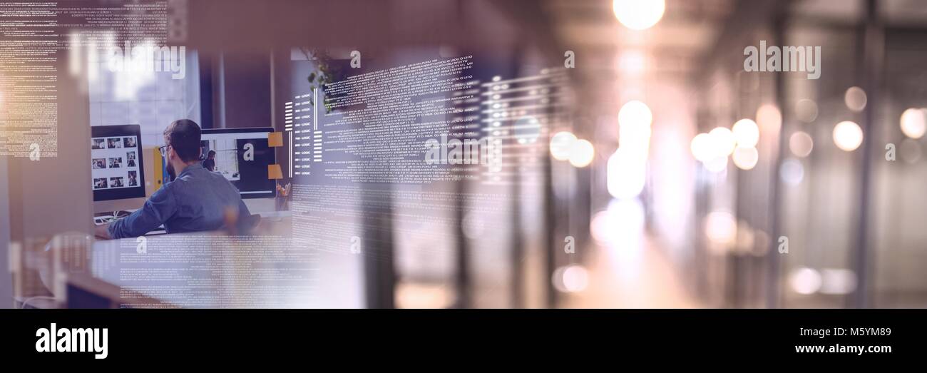 Man working and screen text interface and transition Stock Photo - Alamy