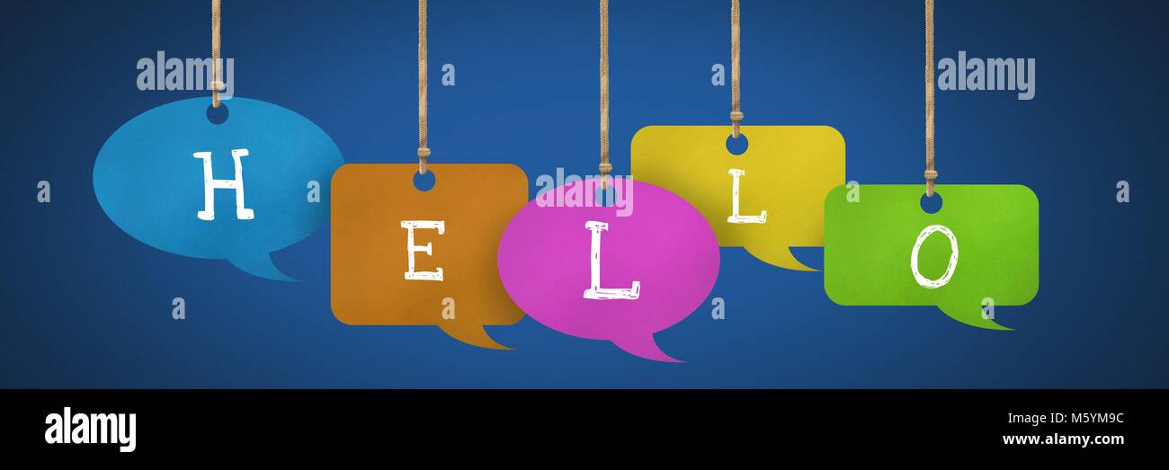 Hello text on hanging paper speech bubbles Stock Photo - Alamy