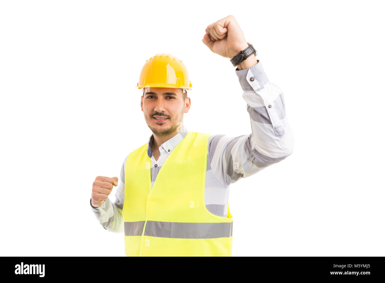 Successful engineer architect or builder acting happy and cheerful like ...